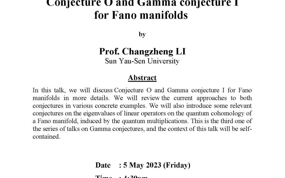 Department of Mathematics - Seminar on Pure Mathematics - Conjecture O and Gamma conjecture I ...